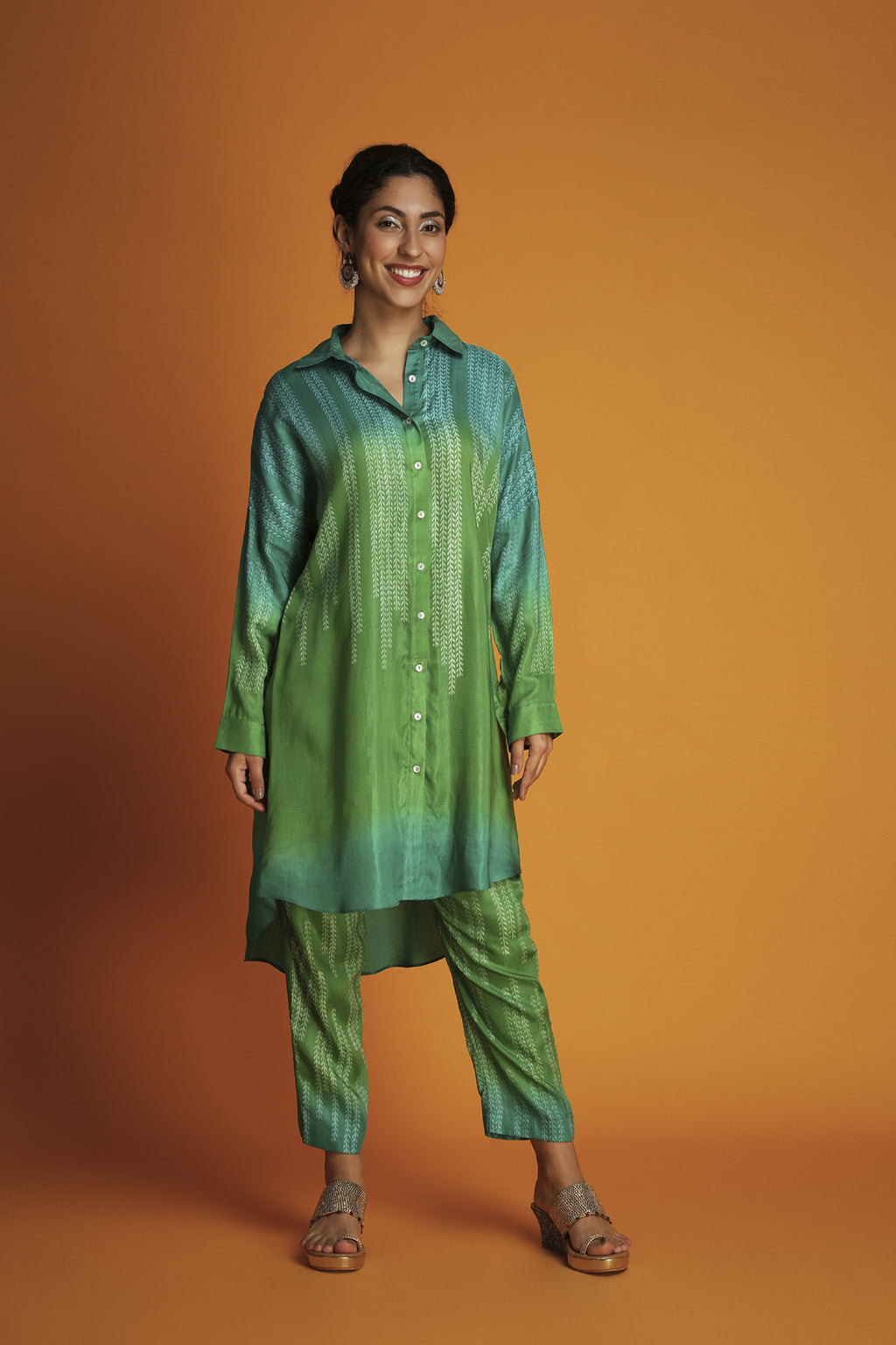 Green ombre block printed shirt tunic set – krishnamehtas