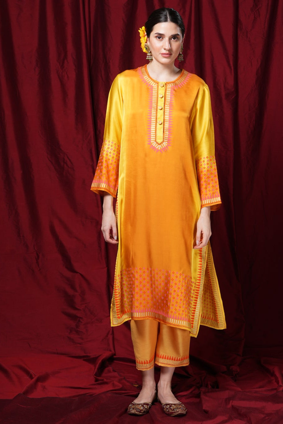 Orange yellow block-printed tunic – krishnamehtas
