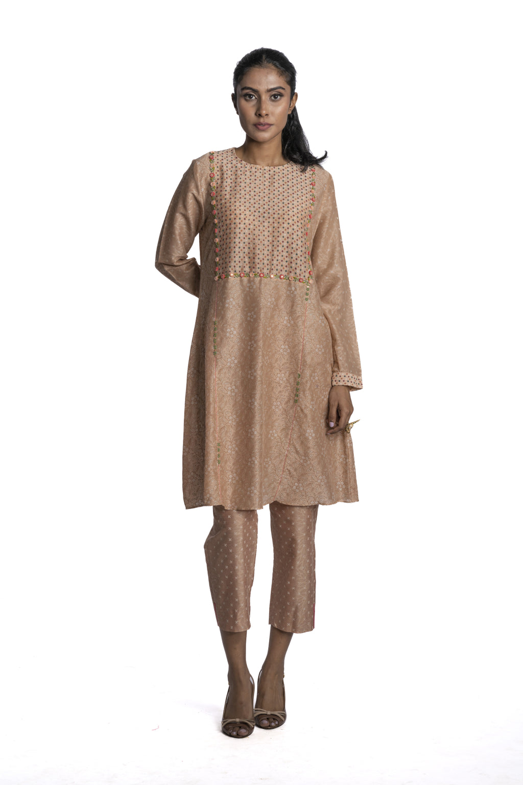 Beige Chanderi Floral Printed Tunic Set – krishnamehtas